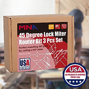 MNA 45 Degree Lock Miter Router Bit 3-Piece Set, for 1/2”, 3/4”, 1” Cutting Height, 1/2 Inch Shank. Easy to Create Lock Miter Joint