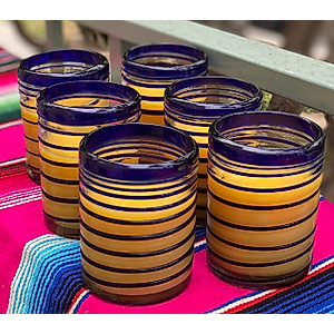 Hand Blown Mexican Drinking Glasses – Set of 6 Tumbler Glasses with Blue Spiral Design (10 oz each) …