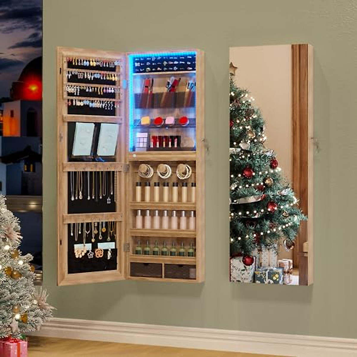 LVSOMT Wall Mount Mirror Jewelry Cabinet with LED Lights, Hanging/Over the Door Jewelry Organizer, Lockable Jewelry Armoire Mirror, Full Length Mirror with Jewelry Storage, Brown