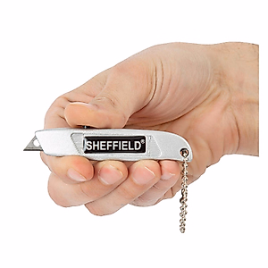 Sheffield 12245 Mini Retractable Utility Knife | Mini Boxcutter, Metal Body, Classic Style, Comes with a Chain that Allows It to Hook on to a Key Ring | Cuts Boxes, Twine, etc. | Useful for Many Jobs