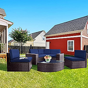 SOLAURA Outdoor Patio Furniture Set 6-Piece Brown Wicker Conversation Sets Modular Sectional Sofa Set with Glass Coffee Table (Navy Blue)