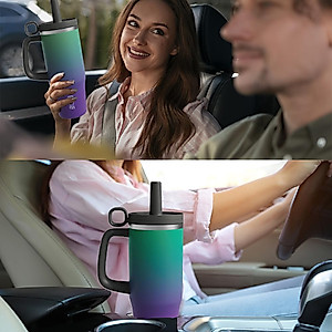 ZZT 40 oz Tumbler with Handle and Straw Lid,Leak Proof Metal Sports Water Bottle Jug,Stainless Steel Insulated Travel Coffee Mug-Fits in Cup Holder-Gifts for Women & Men(Green Purple)