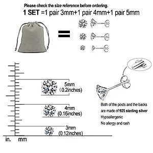 3 Pairs 925 Sterling Silver Cubic Zirconia Stud Earrings Hypoallergenic Earring CZ Cartilage Tragus Earring Sets for Women Men Girls 3mm4mm5mm