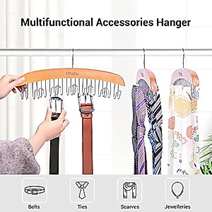 Belt Hanger Organizer for Closet, Ohuhu Wooden 12 Hooks Belt Rack Tie Holder for Storage, 360 Degree Rotating Belt Display Space Saver for Men Women Belt Tie Scarf Tank Top Accessories