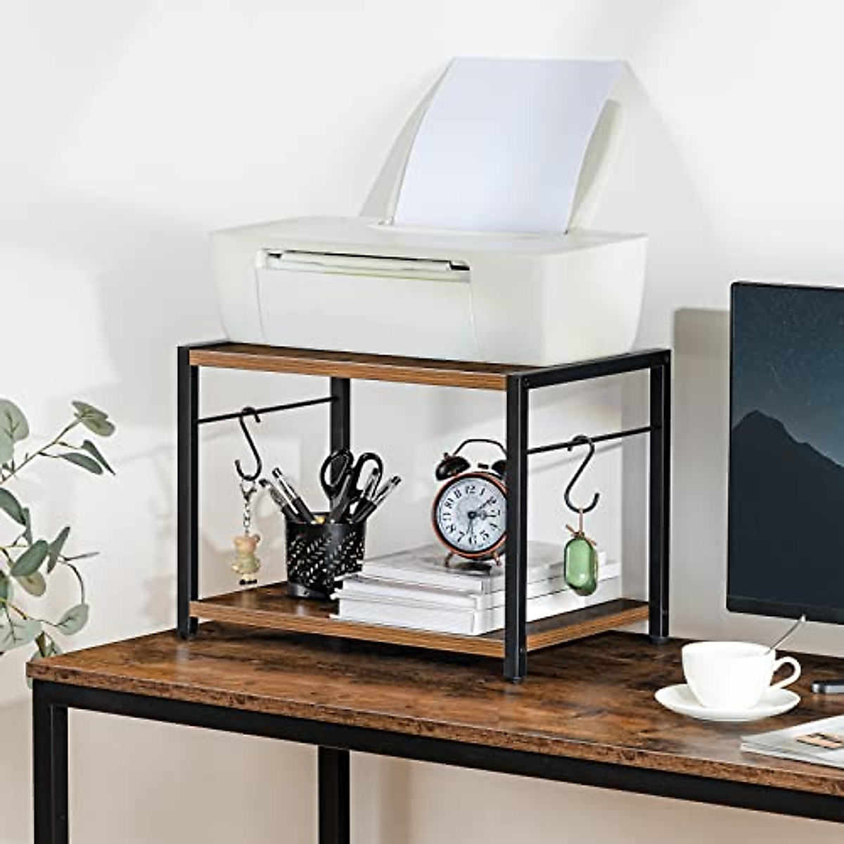 ALLOSWELL Mobile Printer Stand, 2-Tier Printer Cart with Storage, Under Desk Storage Rolling Cart on Wheels and 2 Hooks, Industrial Printer Table, for Home, Office, Scanner, Rustic Brown PTHR2001