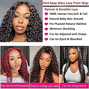 Manorshen Deep Wave Lace Frontal Wigs Brazilian Virgin 13x4 Lace Front Deep Curly Wave Glueless Brazilian Hair Wet Wavy Human Hair Lace Front Wig With Baby Hair (Nature Black Deep 13x4, 18 Inch)