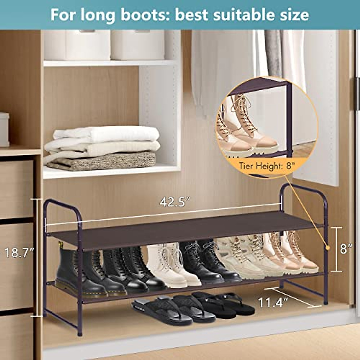 AOODA Long 2 Tier Shoe Rack for Closet Wide Low Shoe Shelf, 2 Tier Long Metal Shoe Rack for Closet, 2 Item Bundle