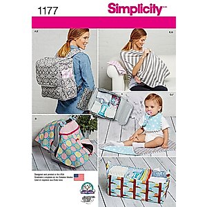 SIMPLICITY 1177 BABY SEWING PATTERN: DIAPER BACKPACK, CARRIER TENT, ORGANIZER, PLAY MAT, BURP CLOTH, BIB, PACIFER TETHER, & KNIT NURSING SHAWL