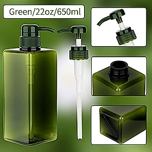 Amorettise 6 Pack Shampoo and Conditioner Dispenser Bottles, 4 Pack 22 Oz & 2 Pack 8 Oz Refillable Square Plastic Pump Bottles for Dispensing Lotions, Shampoo, Conditioner, Body Wash (Green)