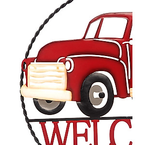Glitzhome 23.75" L Welcome Metal Rustic Red Truck Wall Decor, Welcome Hanging Sign Decoration for Home Outdoor Indoor