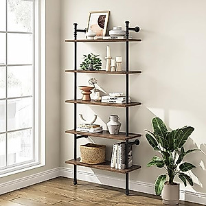 Realyoo Wall Mounted Bookshelf, 5 Tier Industrial Open Vintage Bookcase, Rustic Wood and Metal Book Shelf, Tall Modern Book Case for Office Home Living Room Bedroom - Walnut