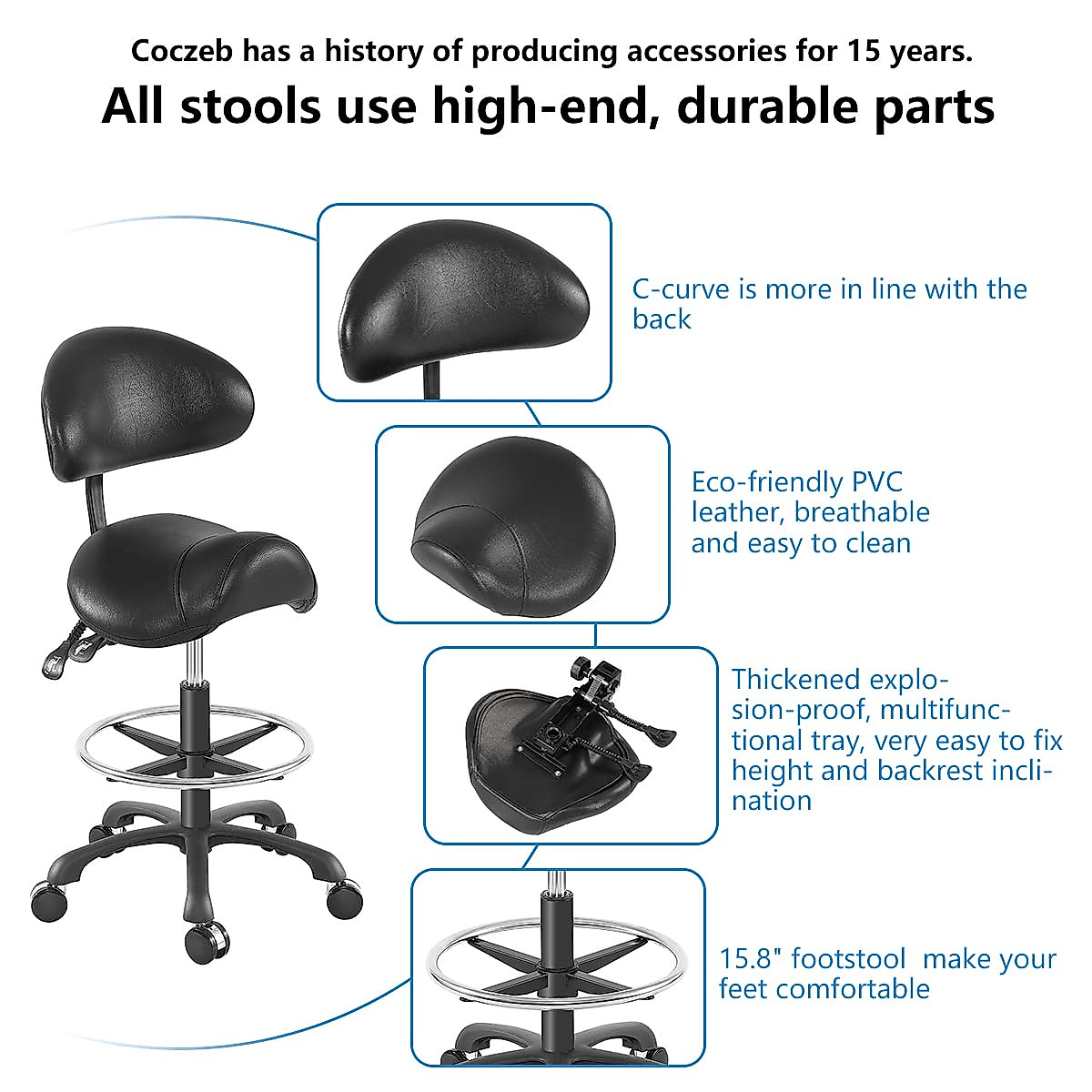 Coczeb Saddle Stool with Back Support Ergonomic Seat Hydraulic Adjustable with Footrest for Home Office Dental Tattoo Salon Shop Use