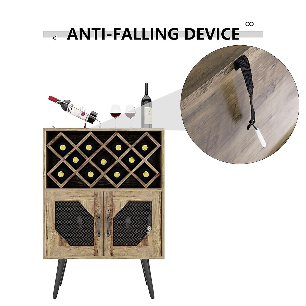 SogesHome 23.6 inches Wine Cabinet, Wine Storage Rack with 11 Bottle, Rack Wine Holder, Large Storage Cabinet with Metal Mesh Doors, for Kitchen, Dining Room, Living Room