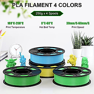 WEEFUN 3D Printer Filament Bundle 250g X 4 Spools, PLA Filament 1.75mm 3D Printing Material, Four Bright Color PLA Filaments Kit for 3D Printer Green/Light-Green/Yellow/Sky Blue, Fit Most 3D Printers