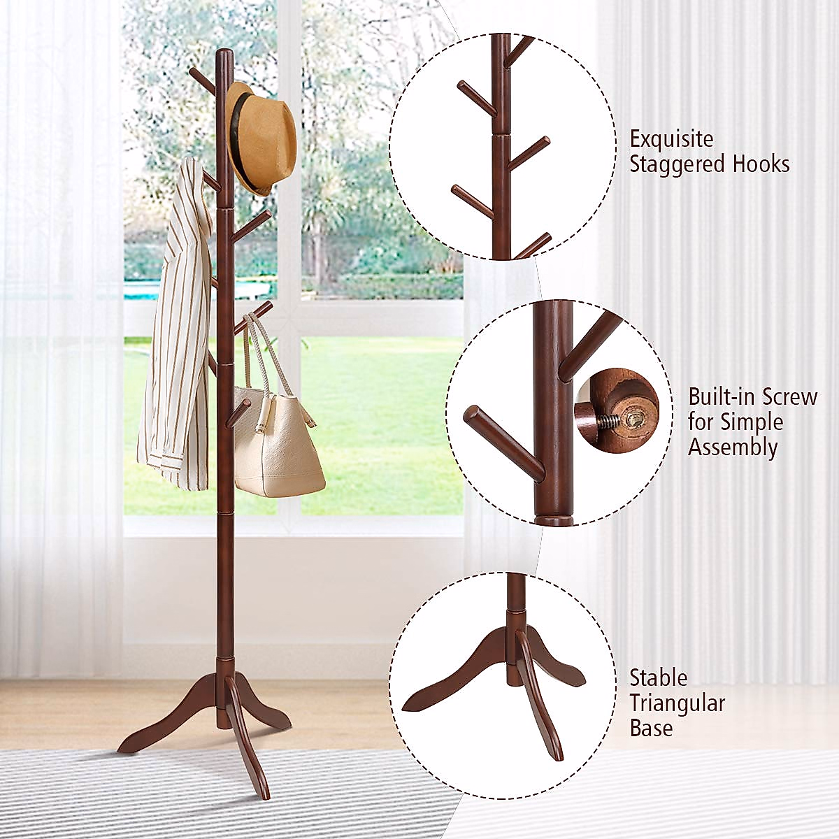 GOFLAME Coat Rack Freestanding, Wooden Entryway Coat Tree Hanger with 8 Hooks and 4 Sections, Height Adjustable Coat Stand for Home Office Hallway Entryway (Brown)