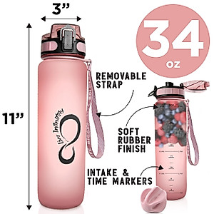 Live Infinitely 34 oz Gym Water Bottle with Time Marker - Fruit Infuser Screen BPA Free 1 Liter Water Bottle - Locking Flip Top Lid & Durable Travel Bottle Coating (Rose 34oz)