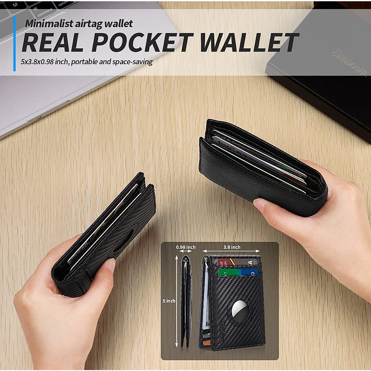 SIMBOOM Airtag Wallet Men, Slim AirTag Wallet Bifold RFID Blocking with Money Clip Multiple Cards Pocket, Gifts for Mens(Carbon Black)