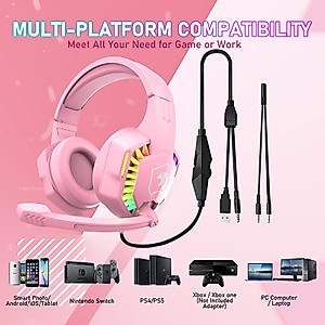 Wired Gaming Headset with Rainbow RGB Backlight Retractable Noise Isolating Microphone Stereo Sound Deep Bass Memory Foam Earmuff Over Ear Headphone for PS4 Xbox One Switch PC Mac Gamer Music (Pink)