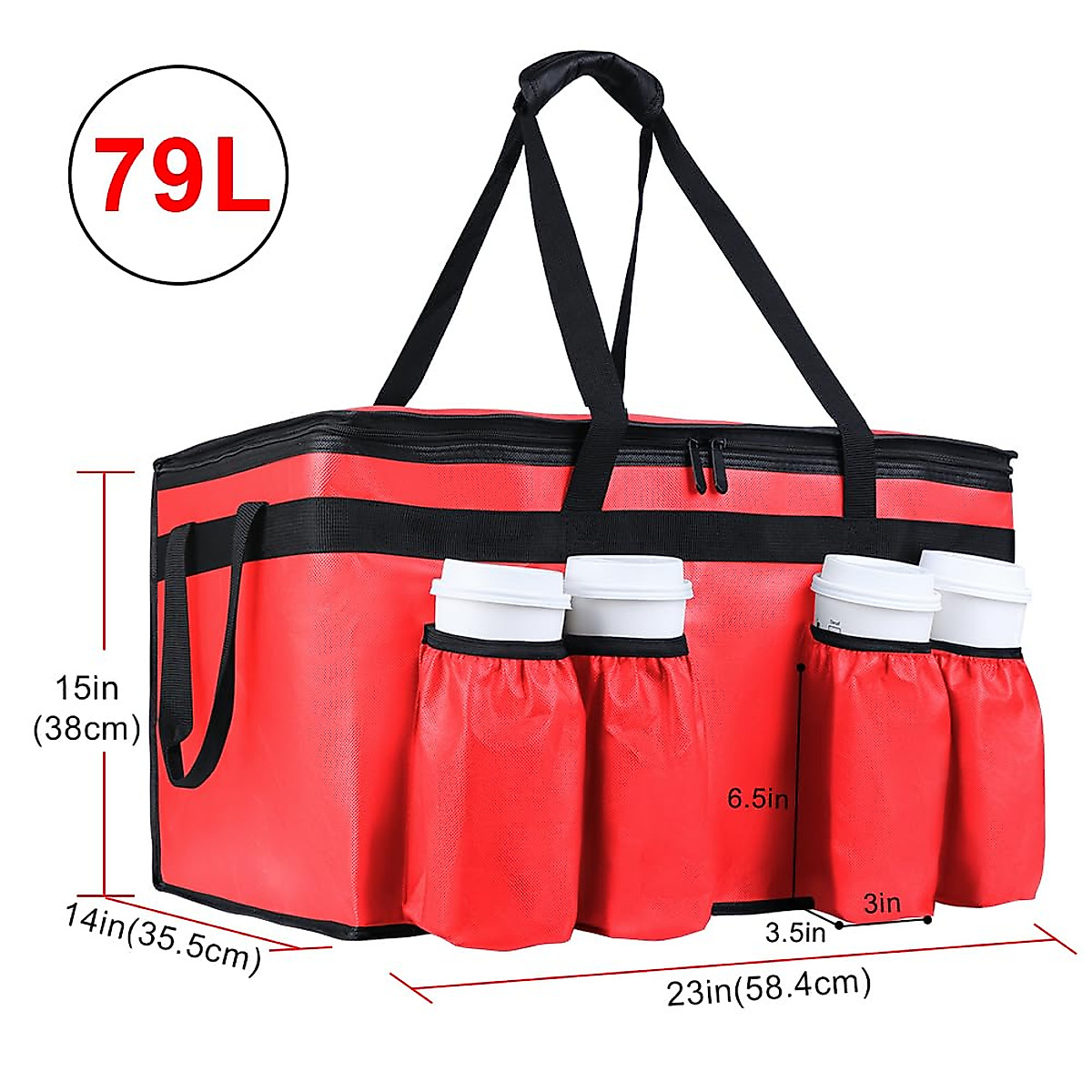 CIVJET Insulated Food Delivery Bag with 4 Cup Holder, XXX-Large Insulated Grocery Bags with Zippered Top, Cooler Bags with Drink Carrier, Food Carrier Catering Bag, Commercial Food Warmers, Red