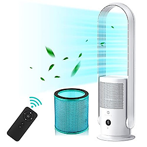 ULTTY Bladeless Tower Fan and Air Purifier in one, True HEPA Filter 99.97% Smoke Dust Pollen Dander, Oscillating Tower Fan with Remote Control R22, White