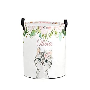 Floral Cat Soft Pink Personalized Laundry Basket Clothes Hamper with Handles Waterproof,Collapsible Laundry Storage Baskets for Bathroom,Bedroom Decorative