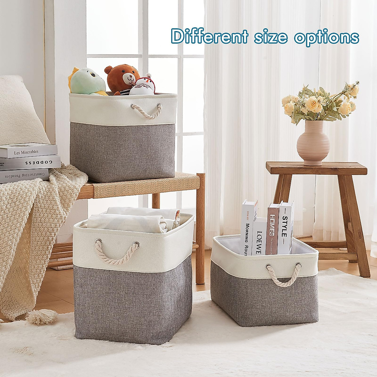 HOdo Home Fabric Storage Bin with Hard Bottom Base and 2 Bold Handles, Collapsible Large Canvas Storage Baskets for Organizing Shelf Nursery Home Closet (Grey&White, 15L×11W×9.5H - 3Pack)