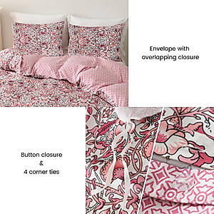 Rosecret King Size Duvet Cover,Viscose derived from Bamboo,Cooling for Hot Sleepers,Red Floral Solid Reversible,1 Duvet Cover 2 Pillowcases with Corner Ties,Button Closure