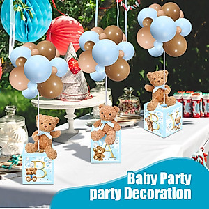 Lenwen 6 Sets Blue Bear Decorations for Baby Shower, Baby Letter Boxes Baby Shower Table Centerpieces Bear Stuffed Animals Balloon with Stand Bear Plush Toy Baby Boxes for Birthday Party Wedding
