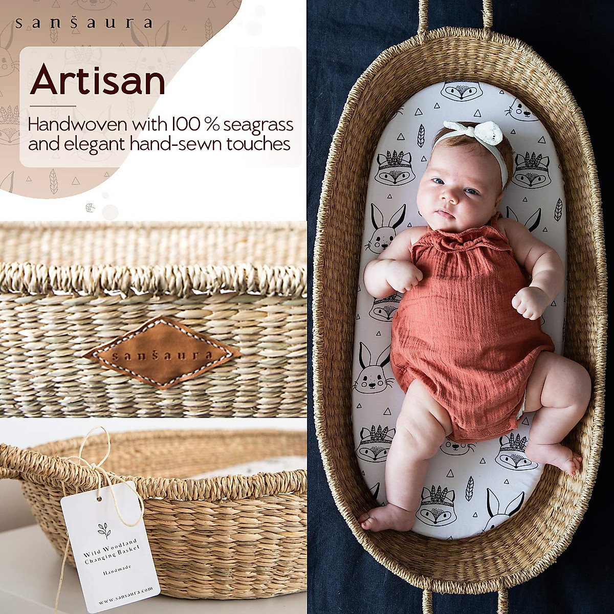 Sansaura Nursery Set - Seagrass Baby Changing Basket, Diaper Basket, with Thick Waterproof Pad & 100% Cotton Fitted Sheet, Toy Storage Bag, Woodland Designs, Shower Gift for Newborns, Boho nursery