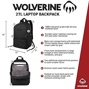 WOLVERINE Lightweight, Water Resistant Rugged Laptop Backpack for Travel or Work, Slimline-Gunmetal, 27L