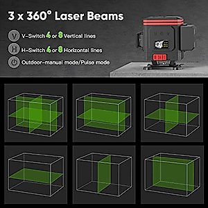 seesii 12 lines Laser Level Self Leveling 3x360° 3D 150FT Green Cross Line Laser Level with pulse mode for Construction/DIY Picture Hanging Remote Controller Rechargeable battery Magnetic Stand