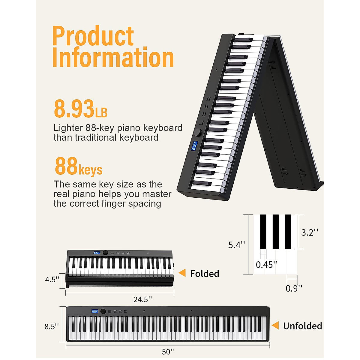 KONIX Folding Piano Keyboard 88 Key, Full Size Semi-Weighted Foldable Piano Keyboard, Bluetooth Portable Electronic Keyboard Piano with Sheet Music Stand, Sustain Pedal and Piano Bag, Black