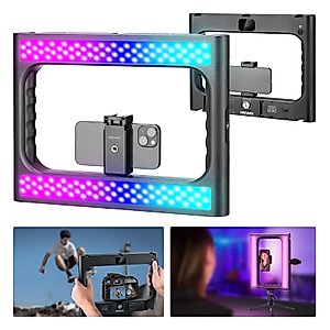 NEEWER RGB-A111 II Smartphone Video Rig with Light Kit, Support Vertical Shoot, Handheld Phone Camera Cage Stabilizer with Cold Shoes/Shutter/Battery, 17 Scenes RGB Ring Light 2500K-10000K CRI97+