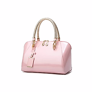 YAQUNICER Top-handle Handbags Purse Satchel for Women Patent PU Shoulder Crossbody Bag Middle Tote-Pink