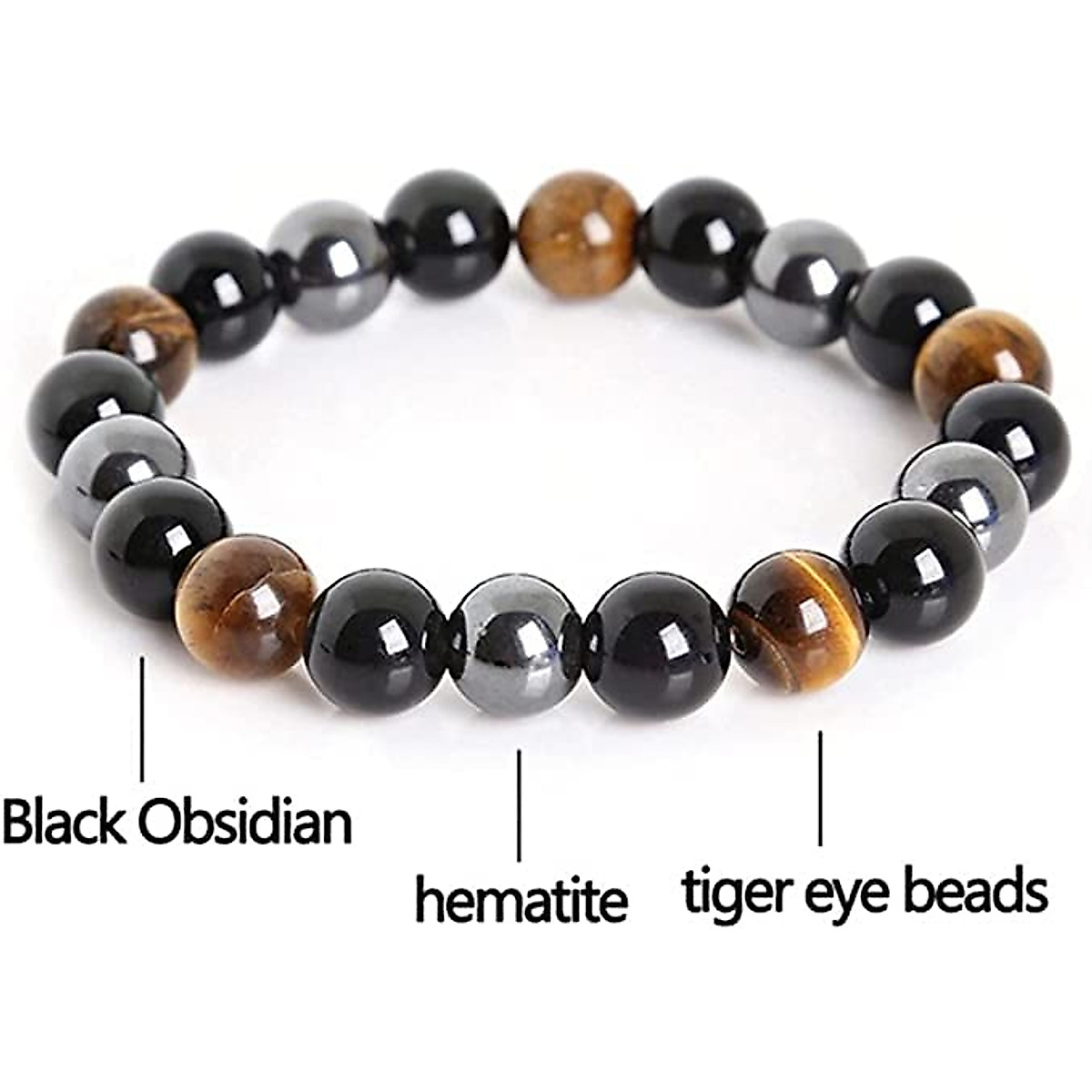 WFJ Black Obsidian Hematite Triple Protection Bracelet Tiger Eye Beads Bracelets for Men and women（10MM）, Set of 2 black,gray 19cm