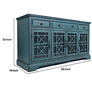 Benjara Koi 60 Inch Acacia TV Media Entertainment Center Console, 4 Glass Doors, Crossed Wood Design, Antique Blue, 60-Inch