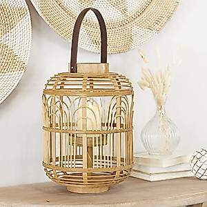 The Novogratz Bamboo Handmade Decorative Candle Lantern with Handle, 11" x 11" x 15", Brown