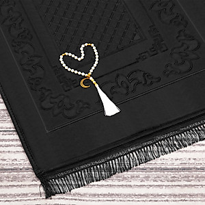 YAZEIN Muslim Prayer Rug with Tasbih Prayer Beads, Soft Large Prayer Matt Islam, Padded Islamic Prayer Mat Thick for Men and Women, Janamaz, Sajadah (Black)
