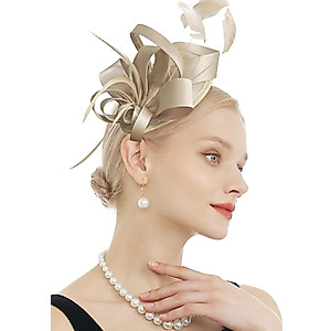 Fascinator Hats For Women Feather Cocktail Party Hats Bridal Kentucky Derby Headband (Light Khaki)