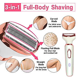 Electric Lady Shaver, Women Razors for Shaving Cordless 4-in-1 Painless Shaver for Women Face, Legs and Underarm, Portable Bikini Trimmer Wet & Dry Hair Removal, Cordless - Micro USB Rechargeable