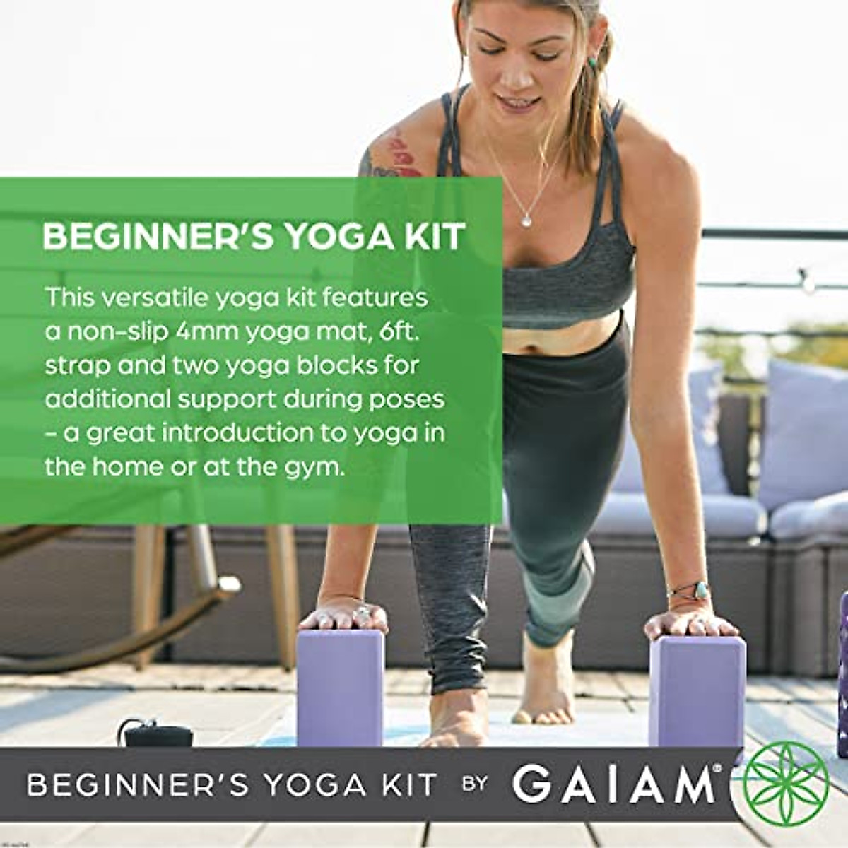 Gaiam Beginner's Yoga Starter Kit Set (Yoga Mat, Yoga Blocks, Yoga Strap) - Light 4mm Thick Printed Non-Slip Exercise Mat for Everyday Yoga - Includes 6ft Yoga Strap & 2 Yoga Bricks - Purple Marrakesh