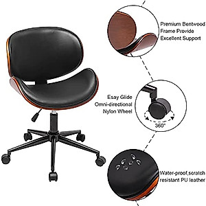 AWQM Home Office Desk Chair, Executive Computer Bentwood Office Chair,Swivel Executive Chair with Faux Leather and Chrome Finish,Adjustable Heigh Computer Chair with 360° Swivel Wheels,Brown