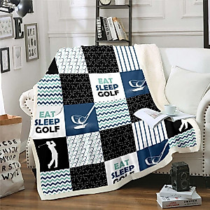 Golf Throw Blanket Sports Games Fleece Blanket Twin Size, Athlete Silhouette Patchwork Fuzzy Blanket for Kids Boys Teens Adults, Golf Lovers Geometry Lattice Ripple Sherpa Blanket, Blue Black