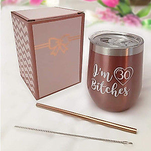 I'm 30 Funny 30th Birthday Gifts for Women/Rose Gold 12 oz Insulated Double Wall Stainless Steel Tumbler/Cup/Mug/Travel Wine Glass w/Lid & Straw/Bday Decorations/Present Ideas for her,Wife,Mom,Sister