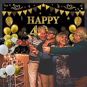 DARUNAXY 40th Wedding Anniversary Decorations, Large Happy 40th Anniversary Banner 70 x 43inch, 60PCS Black Gold Confetti Balloons, 2PCS Tablecloths for Cheer to 40 Year Party Supplies for Men Women