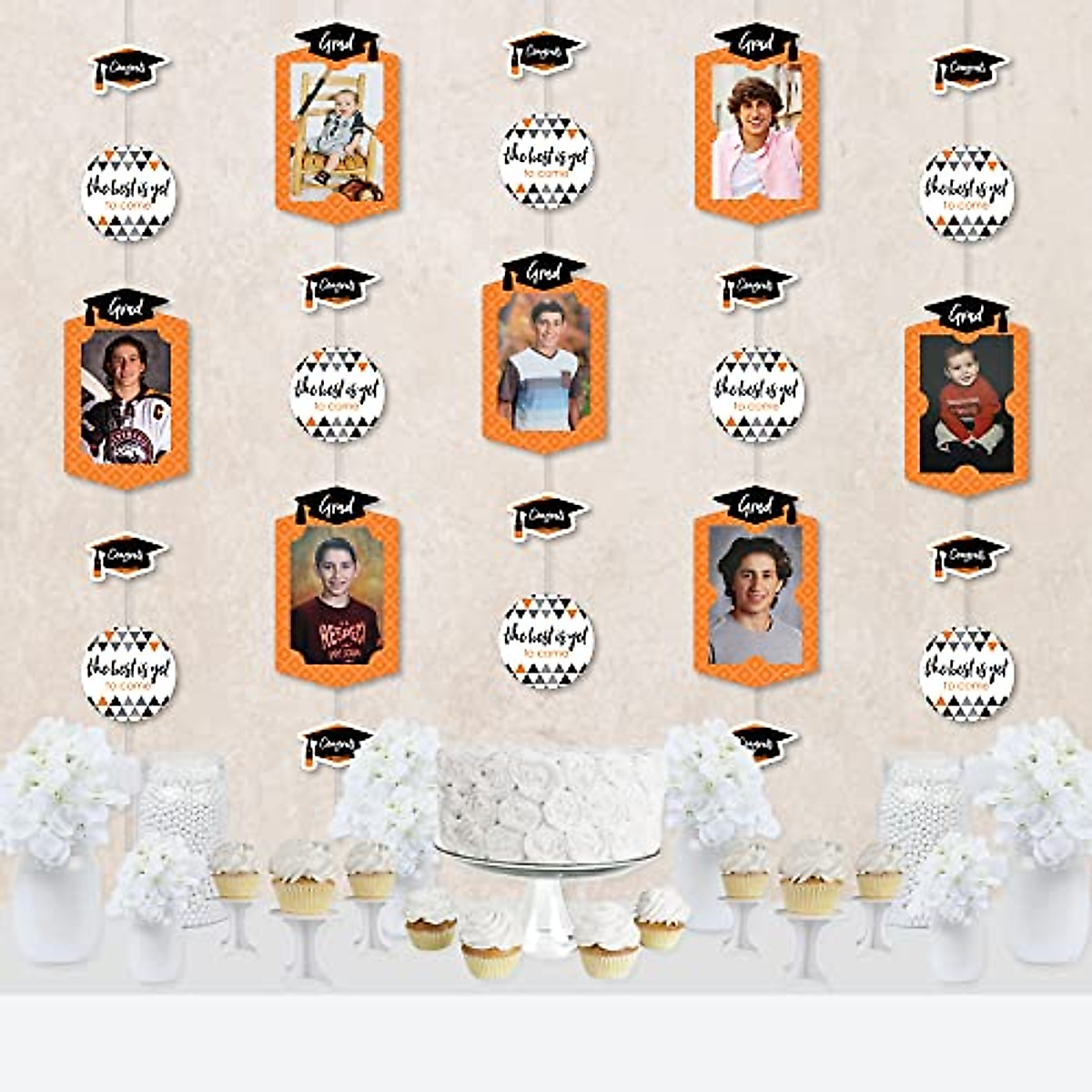 Big Dot of Happiness Orange Grad - Best is Yet to Come - Orange Graduation Party DIY Backdrop Decor - Hanging Vertical Photo Garland - 35 Pieces