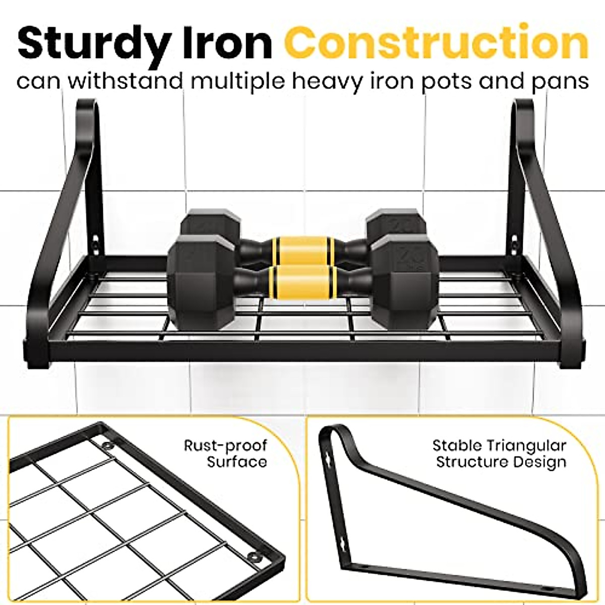 MUDEELA Hanging Pot Rack with 10 Hooks, Pots and Pans Organizer Wall Mounted Pot Organizer Rack, Wall Shelf for Kitchen Organization,Cookware, Books, Household,Bathroom