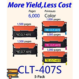 5-Pack ColorPrint Compatible CLP325 Toner Cartridge 407S Replacement for Samsung CLT407S CLT-407S CLP-325 fit for CLP-320 CLP-320N CLP-321N CLP-325W CLX 3180 CLX-3185N 3185FW Printer (2BK, 1C, 1M, 1Y)