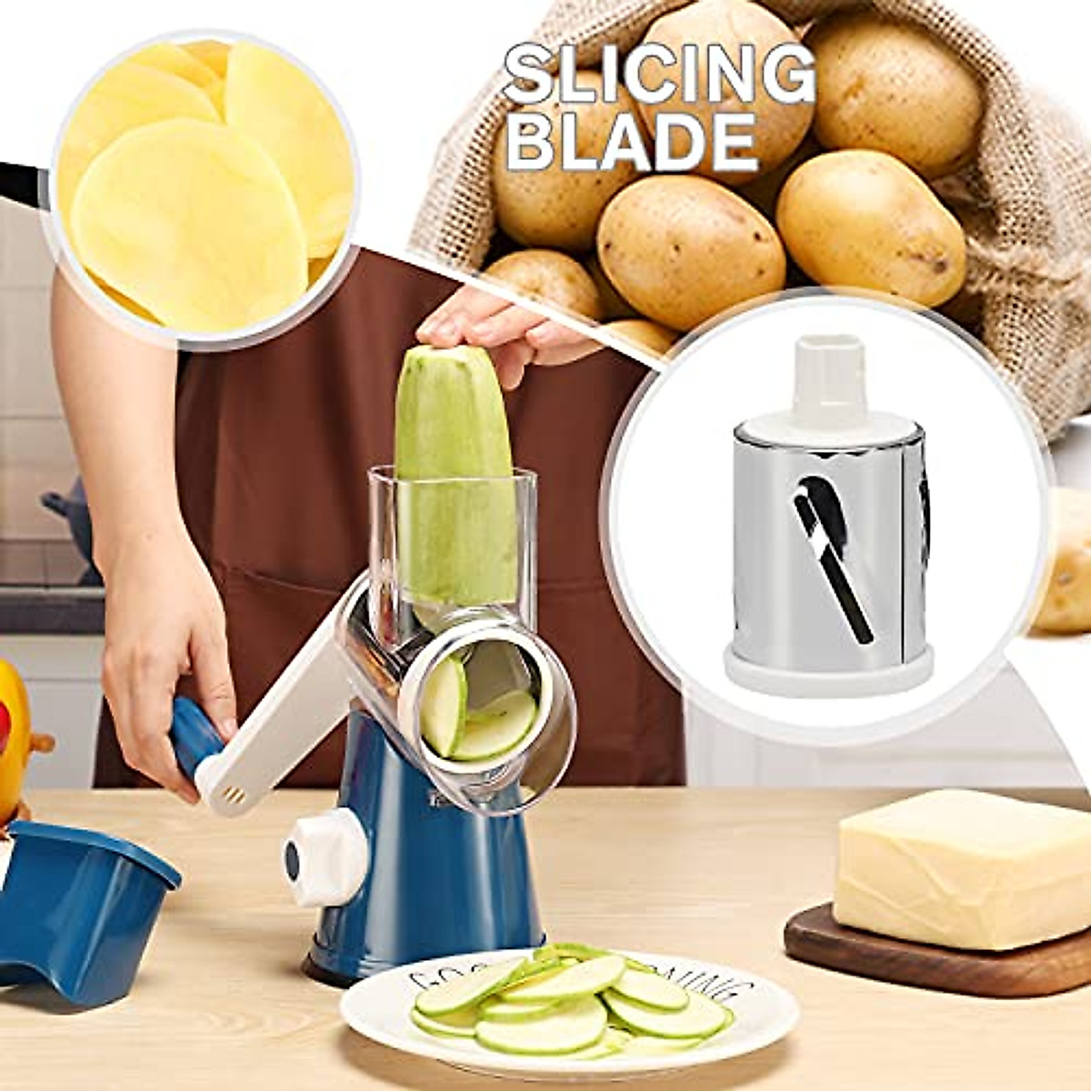 Tevokon Cheese Shredder Rotary Cheese Grater Manual Vegetable Slicer with 3 Interchangeable Stainless Steel Blades with Suction Base Cheese Grater and Cleaning Brush Dark Blue