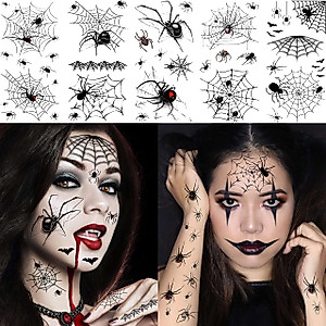 COKTAK 8 Sheets Large 3D Spider Web Temporary Tattoos Halloween Makeup Kit For Women Adults Realistic Witch Bat Zombie Fake Face Tattoos Sticker For Kids Men Adults Scary Halloween Decals Spiderweb